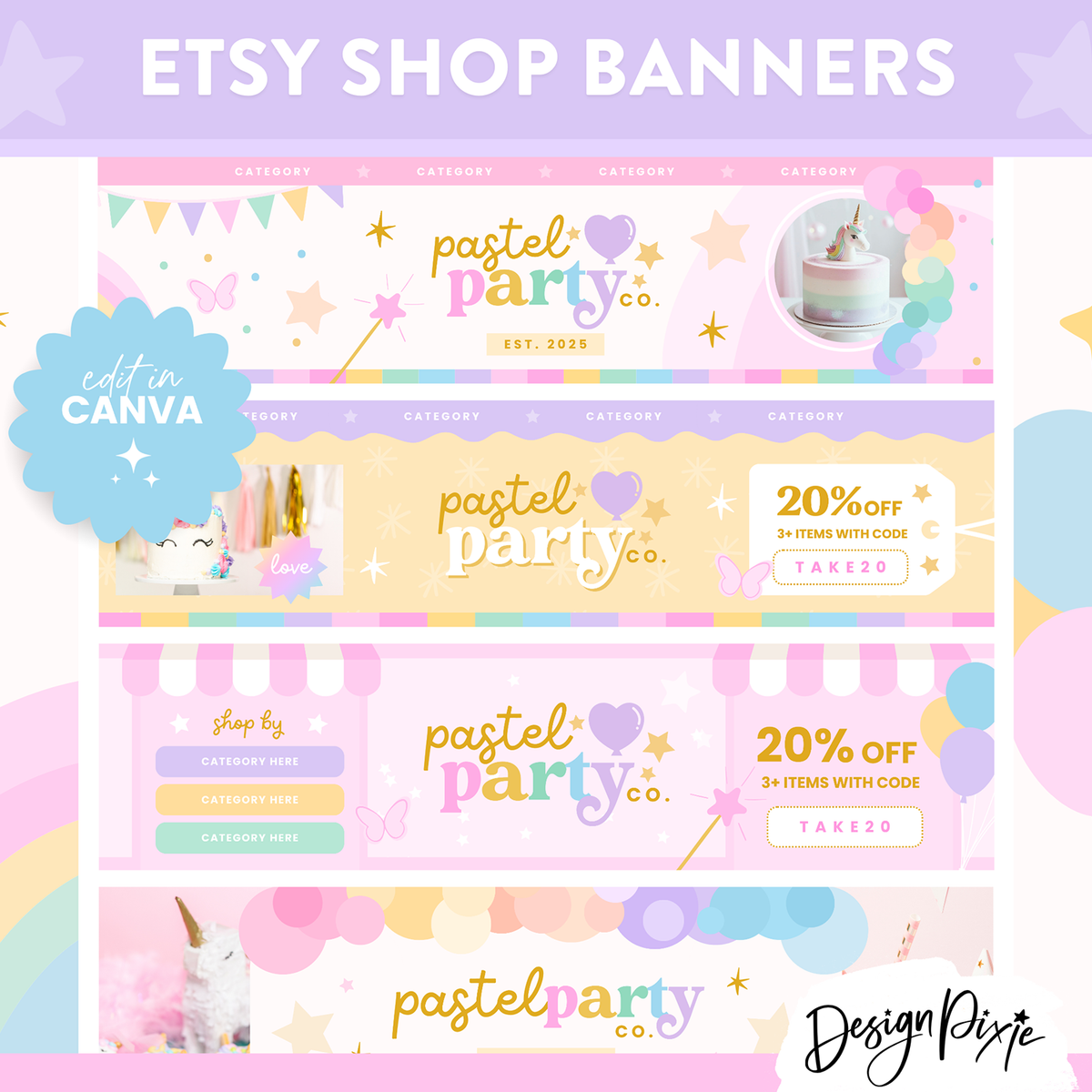 Pastel Party Etsy Banner Templates - Edit in Canva – Design Pixie