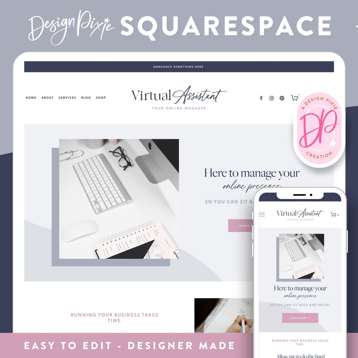 Virtual Assistant Squarespace Website Template – Design Pixie
